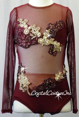 Burgundy Mesh Long Sleeve Leotard With Embroidered Appliques Swarovs