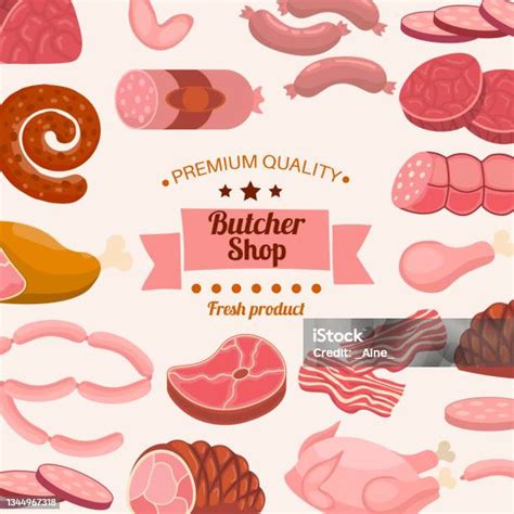 정육점 포스터 전단지 카드 평평한 스타일로 만화 신선한 생 고기 개체 그룹에 대한 스톡 벡터 아트 및 기타 이미지 개체 그룹
