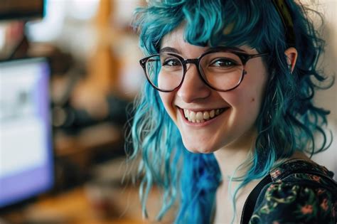 Premium Photo Happy Female Software Developer With Blue Hair