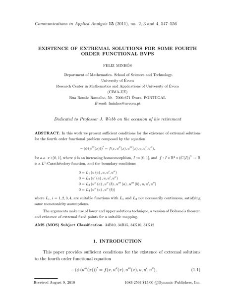 Pdf Existence Of Extremal Solutions For Some Fourth Order Functional Bvps