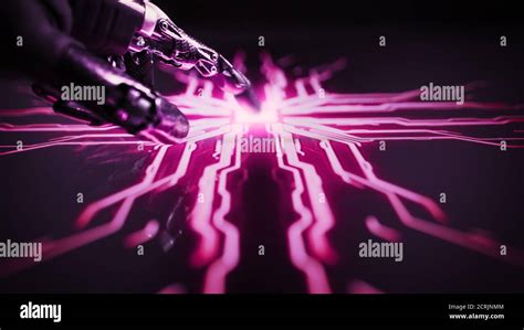 Cyber Security Hacking Concept Rogue Artificial Intelligence Robot Hand Touches Screen And