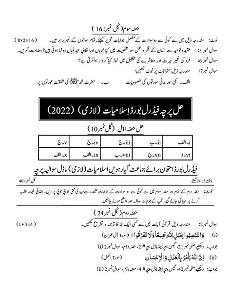 Fbise 11th Class Islamiat Guess Paper 2024 Federal Board Lo Result