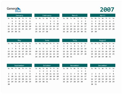 Free 2007 Year Calendar In Pdf Word And Excel