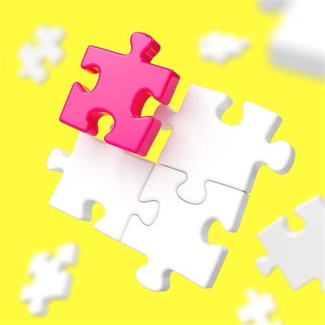 노란색 배경에 많은 흰색 조립 퍼즐 중 독특한 빨간색 퍼즐 조각 군중 개성 차이 리더십 창의성 및 팀워크 개념에서