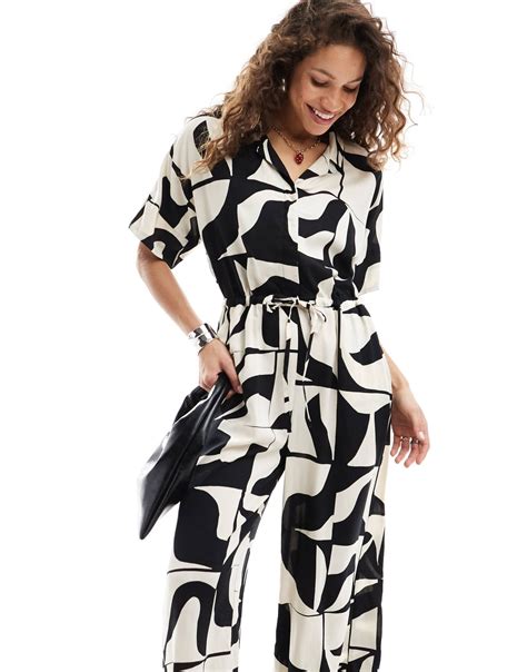Monki Tie Waist Jumpsuit In Black And White Puzzle Print Asos Sample Sale