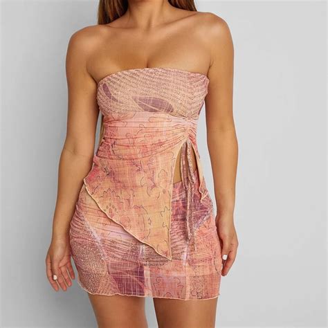 Vintage Printed Strapless Tube Top Bodycon Mini Skirt Jeebas