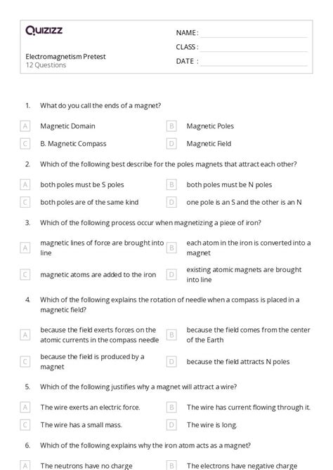 50 Magnetic Forces Magnetic Fields And Faradays Law Worksheets On Quizizz Free And Printable