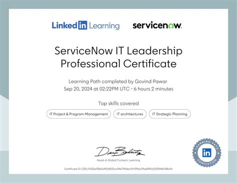 earned servicenow it leadership certificate govind pawar posted on