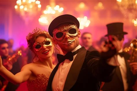 Elegant Masquerade Party In Ornate Ballroom With Jazz Music And
