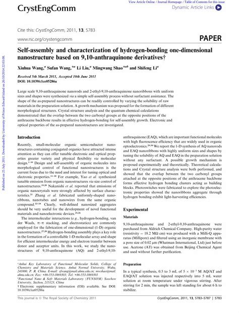 Pdf Self Assembly And Characterization Of Hydrogen Bonding One