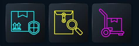 방패 손 트럭과 상자와 돋보기 봉투라인 배달 팩 보안을 설정합니다 검은 정사각형 버튼 벡터 검색에 대한 스톡 벡터 아트 및 기타