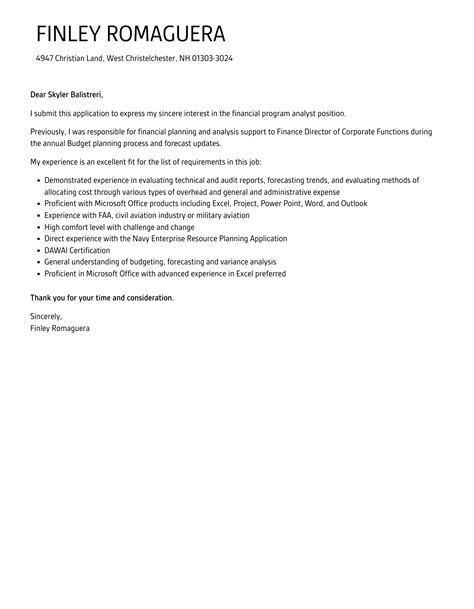 Financial Program Analyst Cover Letter Velvet Jobs