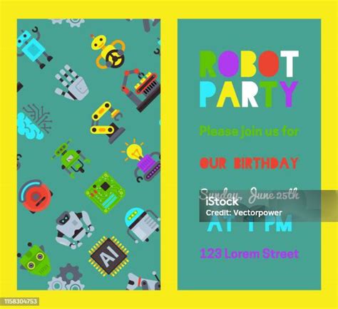 배너 벡터 일러스트의 아이 파티 세트로봇 로봇 개 친구 디자인 생일 파티 환영합니다 축제 미래형 인공 지능 기술 생일에 대한