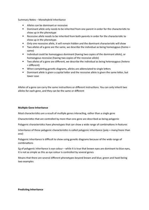 Summary Notes Monohybrid Inheritance Only One Recessive Allele It