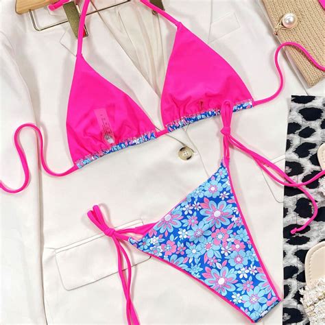 Floral Neon Tie String Cheeky Triangle Brazilian Bikini Sunnybikinis