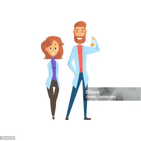 젊은 남자와 여자 과학자 서 백색 실험실 외 투에 흰색 배경에 고립 똑똑한 사람들이 개념 평면 벡터 일러스트 레이 션 과학에