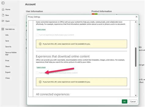 Why In Office 365 Word And Excel The Option Under Account Account Privacy Manage Settings