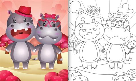 Livro De Colorir Para Crianças Com Um Lindo Casal De Hipopótamos Com O