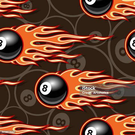 당구 수영장 스누커 8 볼 아이콘과 부족 화재 불꽃 원활한 패턴 벡터 그래픽 인쇄 벽지 섬유 및 포장지 디자인 8에 대한 스톡