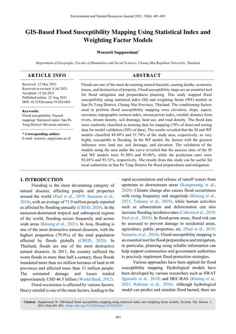 Pdf Gis Based Flood Susceptibility Mapping Using Statistical Index