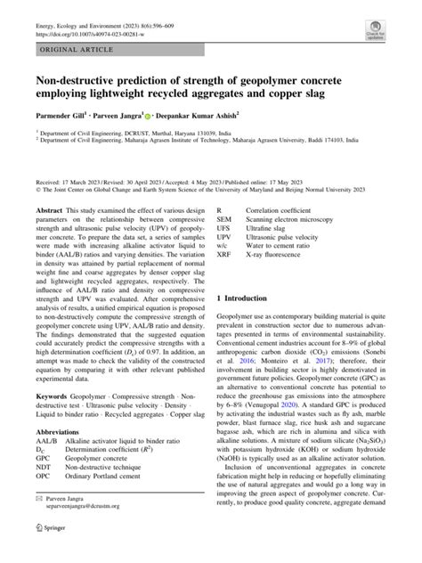 Non Destructive Prediction Of Strength Of Geopolymer Pdf Concrete