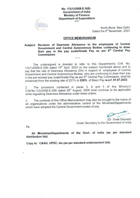 6th Cpc Dearness Allowance 230 From Jul 2023 For Cabs Employees Finmin Om Dated 06 11 2023