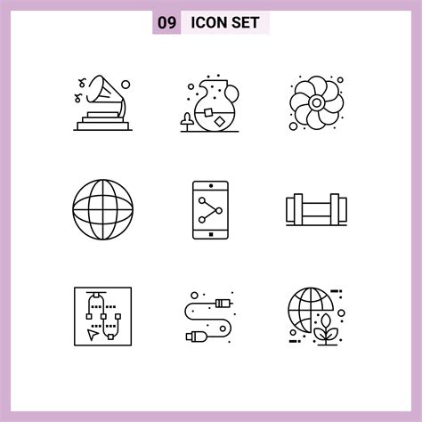Pictogram Set Of 9 Simple Outlines Of Mobile Application App Share Flower Worldwide Globe