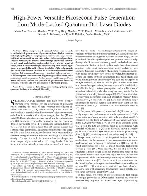 Pdf High Power Versatile Picosecond Pulse Generation From Mode Locked Quantum Dot Laser Diodes