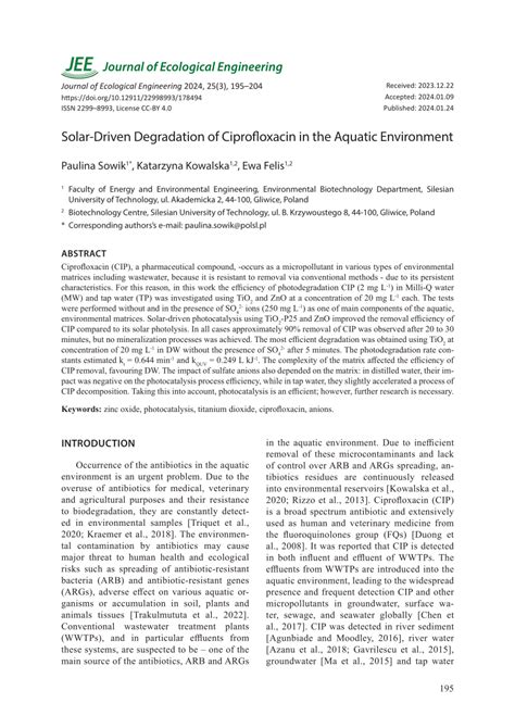 Pdf Solar Driven Degradation Of Ciprofloxacin In The Aquatic Environment
