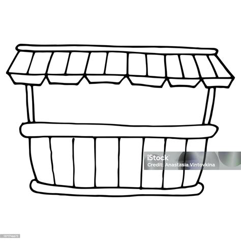 상품 시장의 그리기 디자인 템플릿을 위해 흰색에 줄무늬 검은 절연 윤곽과 상단에 직물 차양 야외 키오스크 나무 카운터 그리기에 대한 스톡 벡터 아트 및 기타 이미지 Istock