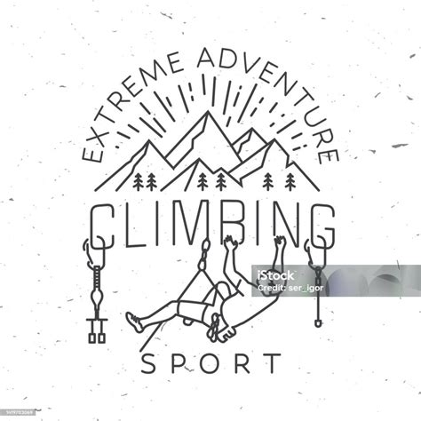 클라이밍 클럽 배지 벡터 셔츠 또는 로고 인쇄 우표 또는 티에 대한 개념 등산가 캐러비너 등반 캠 헥스 및 산이 포함 된 빈티지