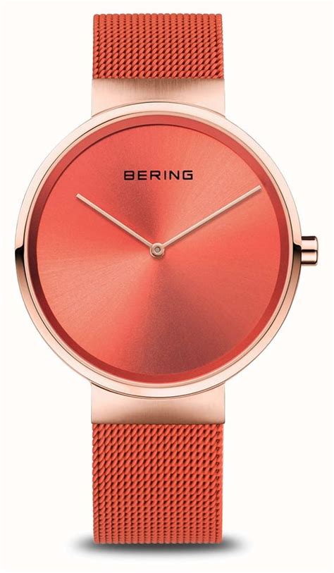 Bering Classic 39mm Orange Dial Orange Steel Mesh Bracelet 14539