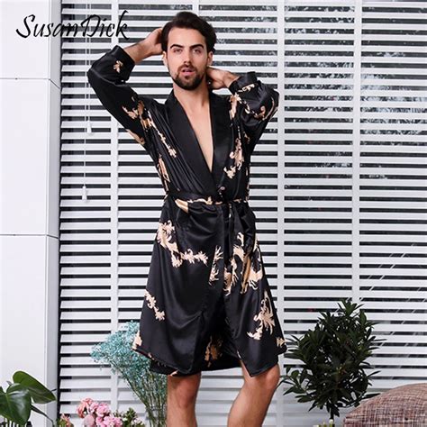 Susandick Designer Mens Bathrobe Silk Sleepwear Long Sleeve Silk Satin Kimono Plus Size Men