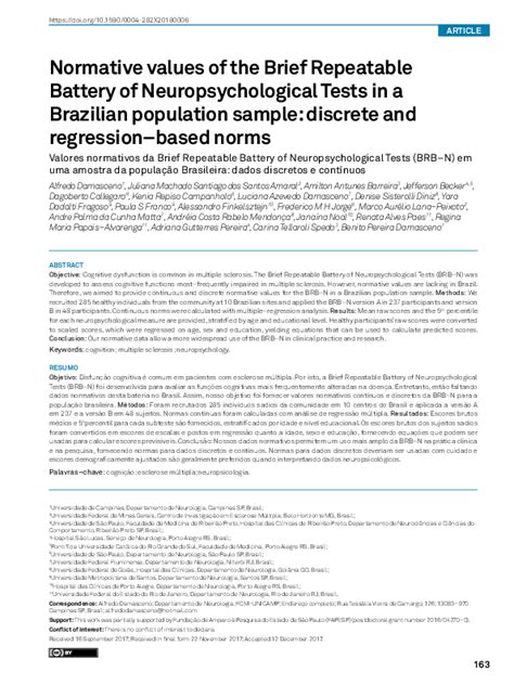 Pdf Normative Values Of The Brief Repeatable Battery Of Neuropsychological Tests In A