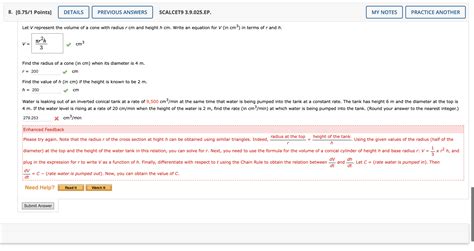 Solved Let V Represent The Volume Of A Cone With Radius R Cm