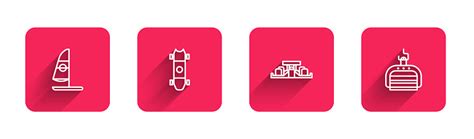 세트 라인 윈드 서핑 롱 보드 또는 스케이트 보드 포뮬러 1 경주 카와 긴 그림자스키 리프트 빨간색 사각형 버튼입니다 벡터 1에 대한 스톡 벡터 아트 및 기타 이미지