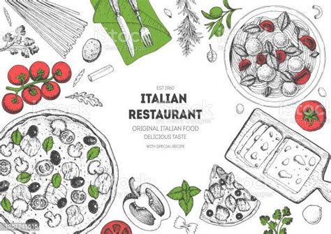 이탈리아 요리 탑 뷰 프레임 파스타와 피자를 곁들인 이탈리아 요리 세트 음식 메뉴 디자인 템플릿입니다 빈티지 손으로 그린 스케치 벡터 일러스트 새겨진 이미지 메뉴판에 대한