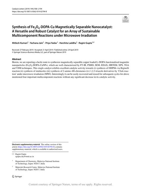 Synthesis Of Fe3o4 Dopa Cu Magnetically Separable Nanocatalyst A Versatile And Robust Catalyst