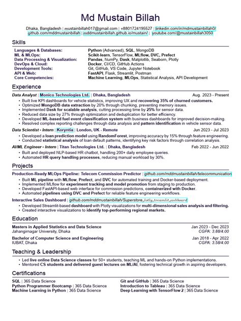 Md Mustain Billah Resume Pdf Data Science Computing