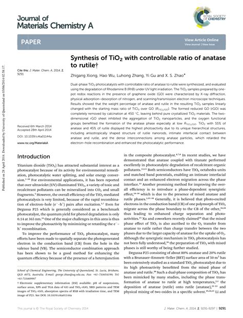 Pdf Synthesis Of Tio2 With Controllable Ratio Of Anatase To Rutile