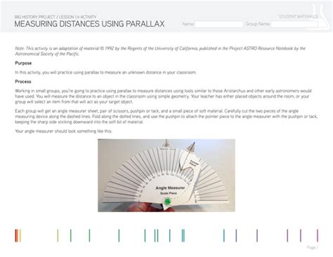Lesson 14 Activity Measuring Distances Using Parallax Pdf Physics Science