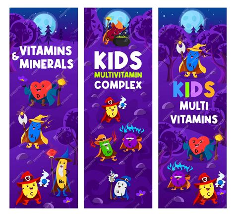 만화 비타민 및 미량 영양소 마법사 마법사 프리미엄 벡터