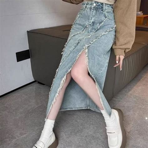 30 34 빅사이즈 로브넌 트임 하이웨스트 데님 롱 스커트 에이블리