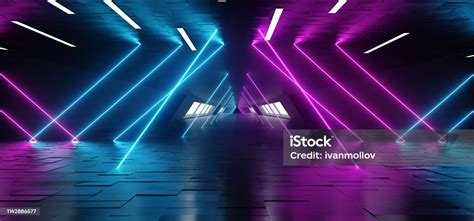 네온 형광 레이저 Led 환각 차고 우아한 미래 지향적 인 공상 과학 소설 타일 금속 바닥 및 지붕 Led 조명과 보라색과 파란색 빛나는 광선 3d 렌더링을 가진 현대