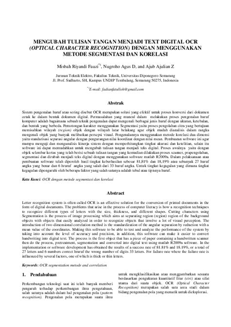 Pdf Mengubah Tulisan Tangan Menjadi Text Digital Ocr Optical Character Recognition Dengan
