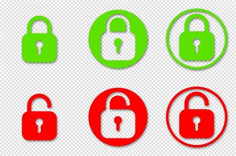 자물쇠 아이콘 잠금 및 잠금 해제 아이콘 세트 안전 보호 기호 자물쇠 자물쇠 기호를 닫았다가 엽니다 빨간색과 녹색 표지판이 잠겨 있고 자물쇠가 잠금 해제되어 있습니다 투명