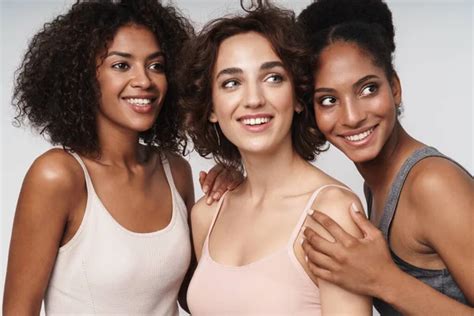Close Image Three Happy Naked Women Posing Together Looking Camera