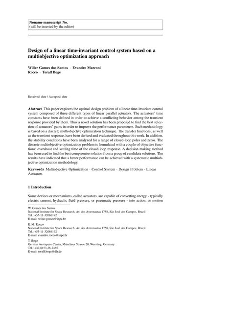 Pdf Design Of A Linear Time Invariant Control System Based On A Multiobjective Optimization