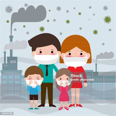 때문에 미세 먼지 Pm 25 남자와 여자와 아이 스모그에 대한 마스크를 착용 마스크에 가족 미세 먼지 대기 오염 산업 스모그 보호 개념 평면 스타일 디자인 벡터 그림 가족에