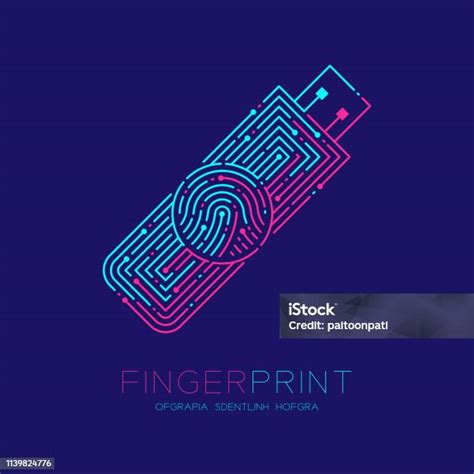 플래시 또는 Usb 드라이브 모양 지문 패턴 로고 대시 라인 가젯 개념 디자인 편집 가능한 스트로크 그림 파란색과 분홍색 지문 텍스트와 공간을 가진 어두운 파란색 배경에